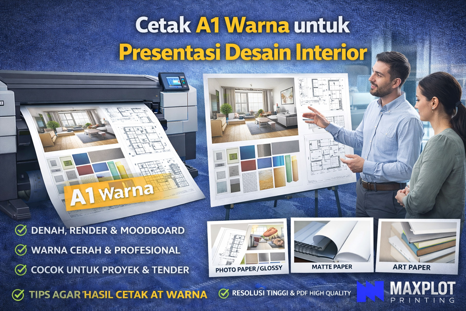 Cetak A1 Warna untuk Presentasi Desain Interior - Maxplot Printing